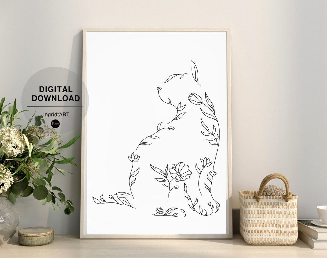Flowers Cat Line Art, Flower One Line Drawing, Cat Drawing, Pet Printable Art, Minimalist Cat ...