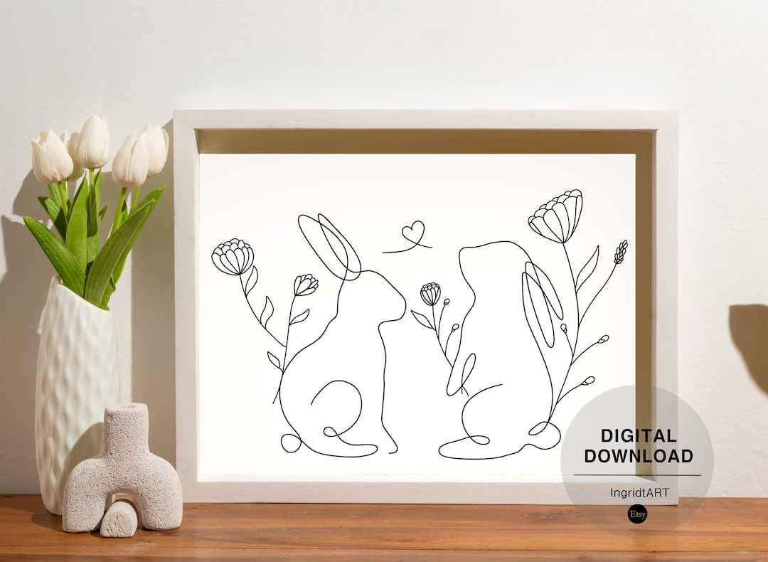 Rabbit Line Drawing, Flower Line Art, Easter Art, Easter Decor, Bunny ...