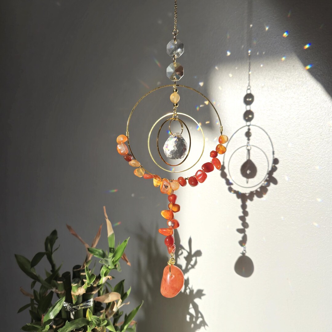ZEPHIR II – Natural Stone Crystal Suncatcher – Rainbow Prism Feng Shui Hanging – Zen Boho Decor ...