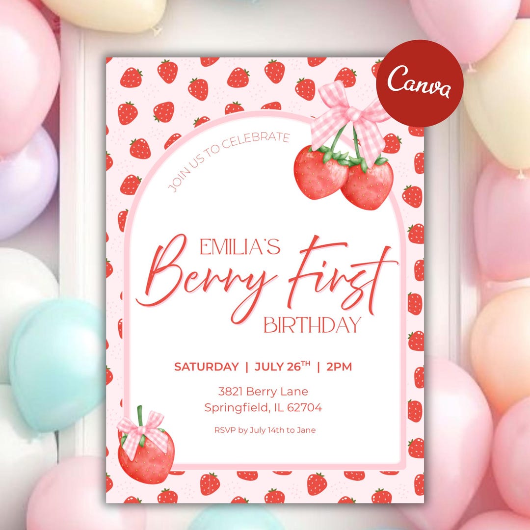 Strawberry First Birthday Invitation Template: Berry Party Evite ...