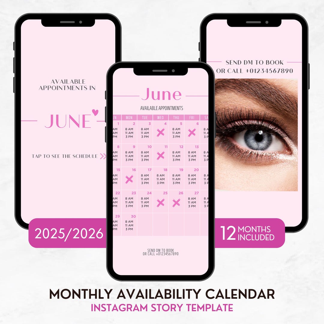 Lash Tech Calendar, Digital Lash Tech Booking, Monthly Availability ...