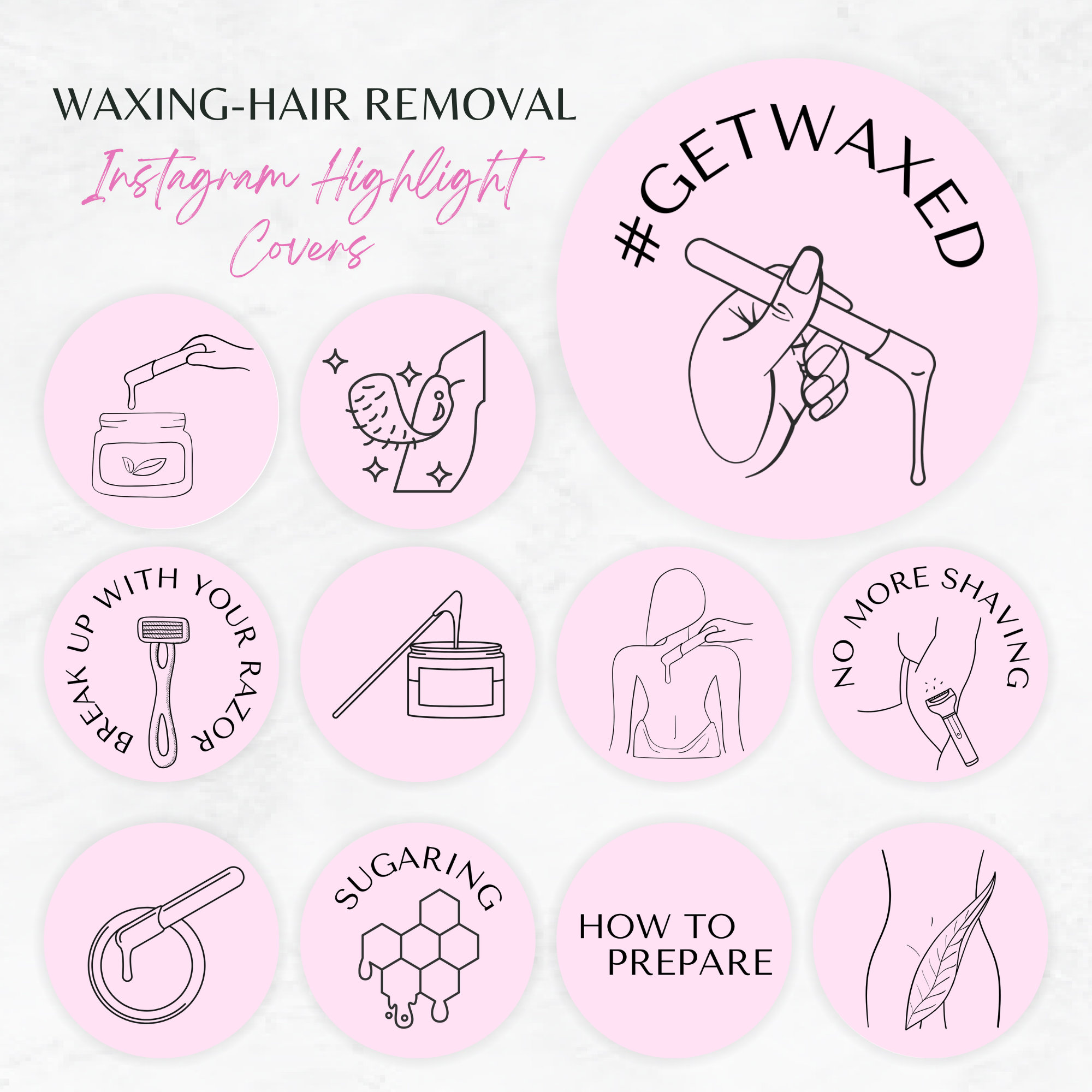 Waxing Instagram Story Highlight Covers, Pink Hair Removal Instagram Icons, Esthetician Body ...