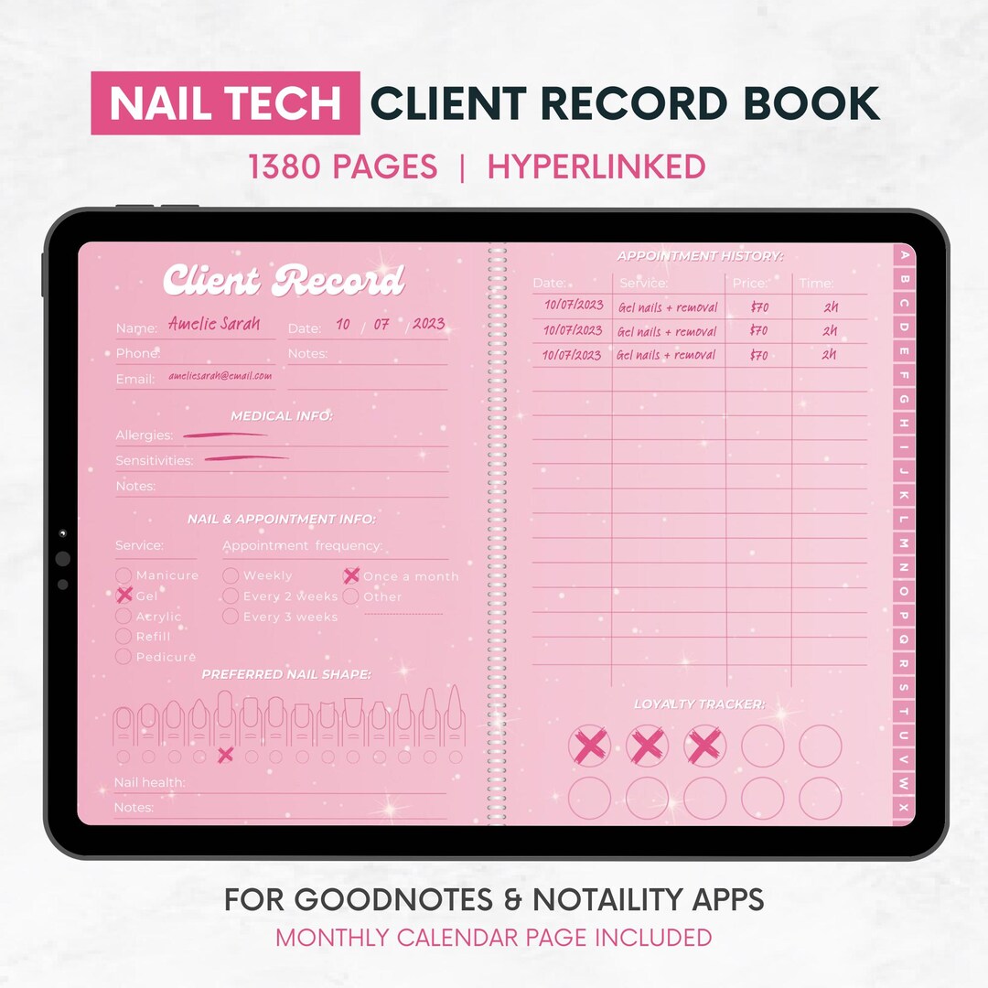 Nail Tech Client Record Book, Pink Sparkle Nail Tech Planner, Goodnotes ...