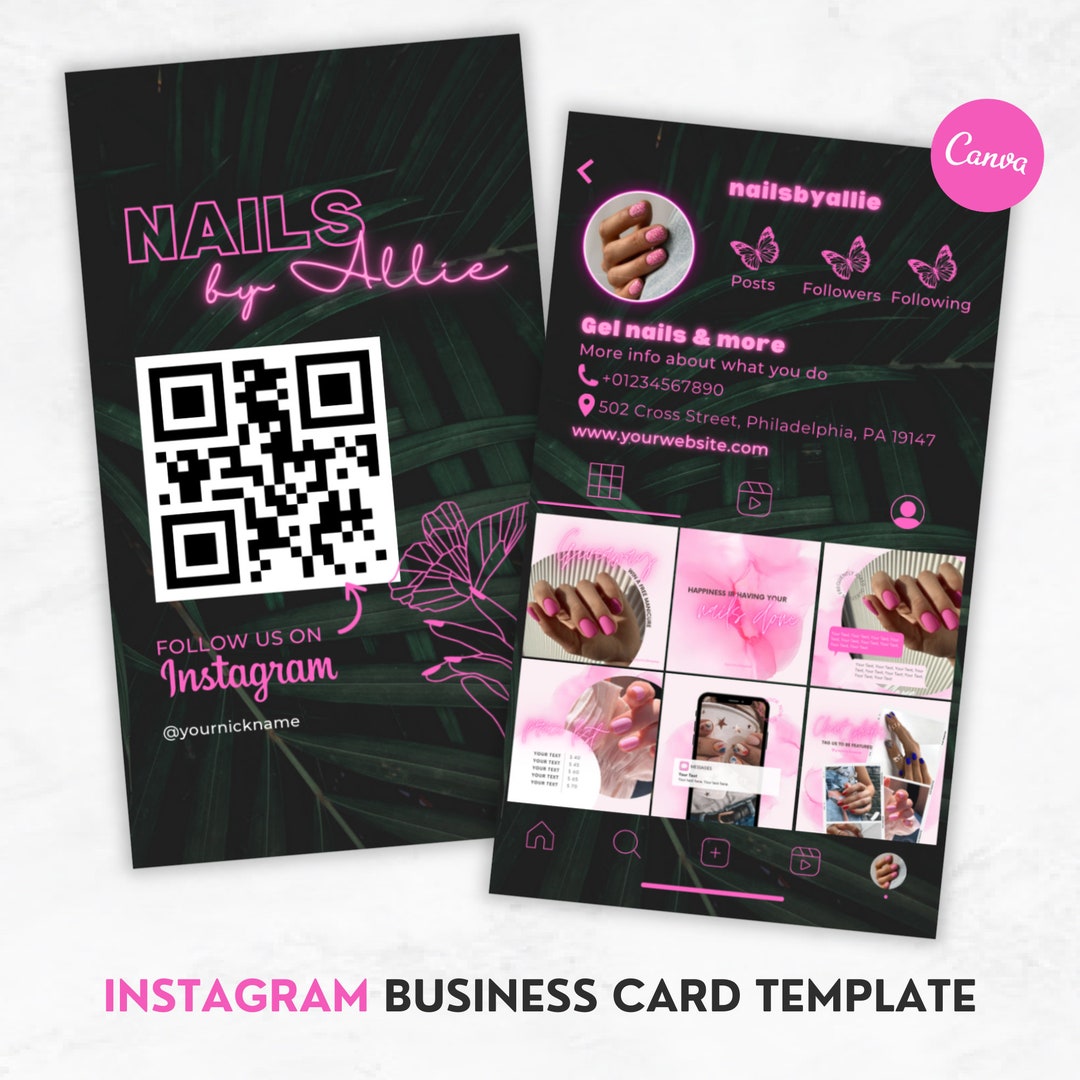 Nail Tech Instagram Business Card, Tropical Pink QR Code Card Template ...