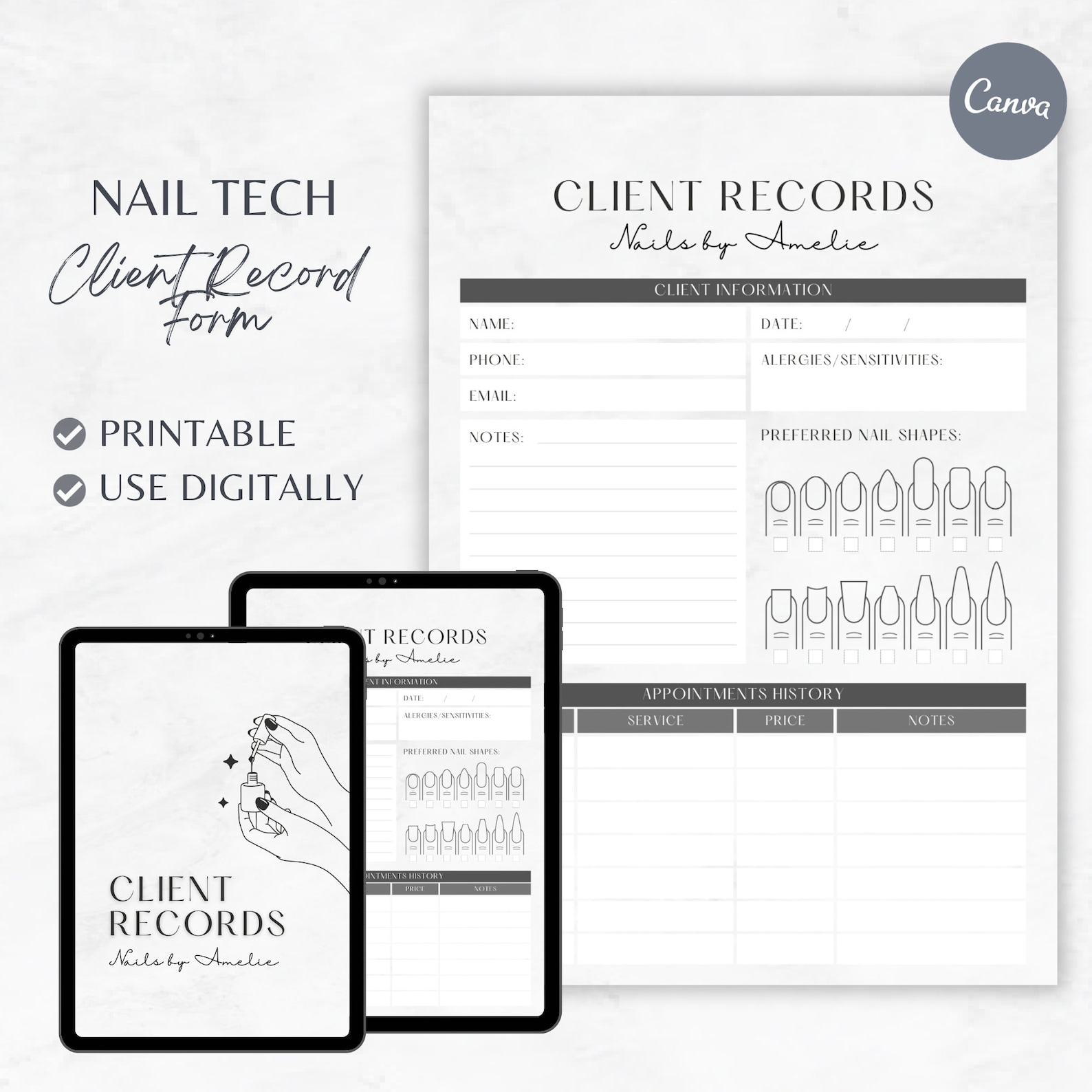 Client Record Form Printable, Nail Tech Client Records, Client Intake ...