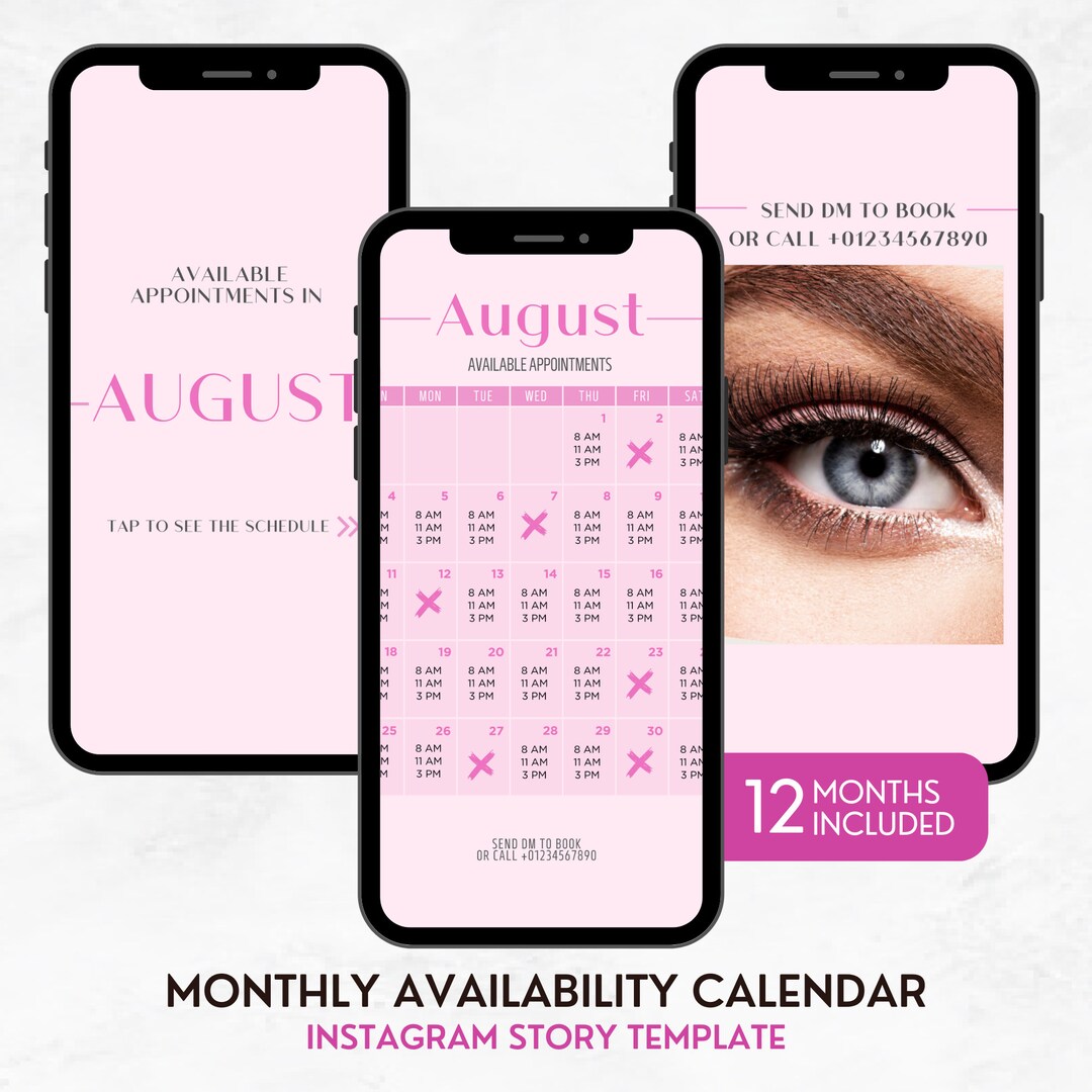 Lash Tech Calendar, Digital Lash Tech Booking, Monthly Availability ...