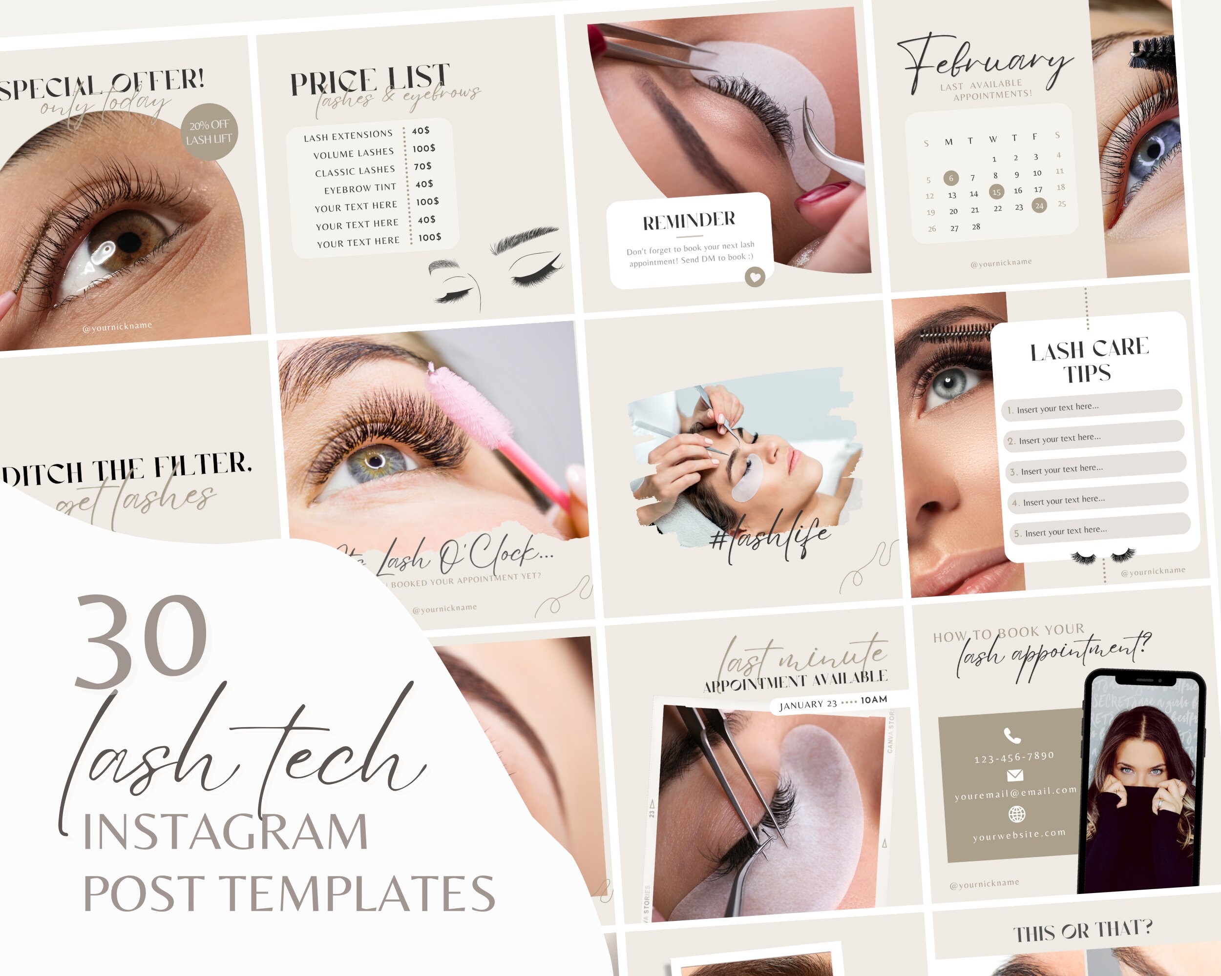 Lash Tech Instagram Post Templates Beige Lash Instagram Feed - Etsy