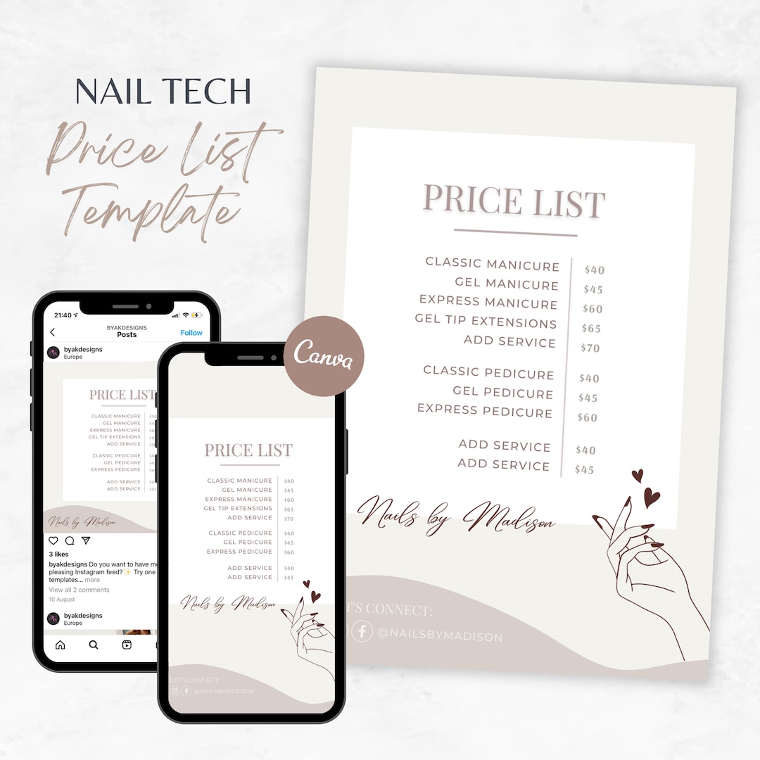 Nail Tech Price List, Canva Template Price List, Elegant Price List Nails, Nail Salon Price ...