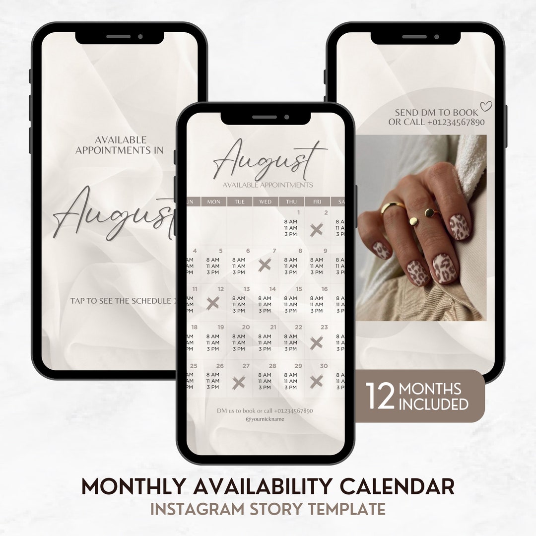 Nail Tech Appointments Calendar, Beige Silk IG Availability Calendar ...