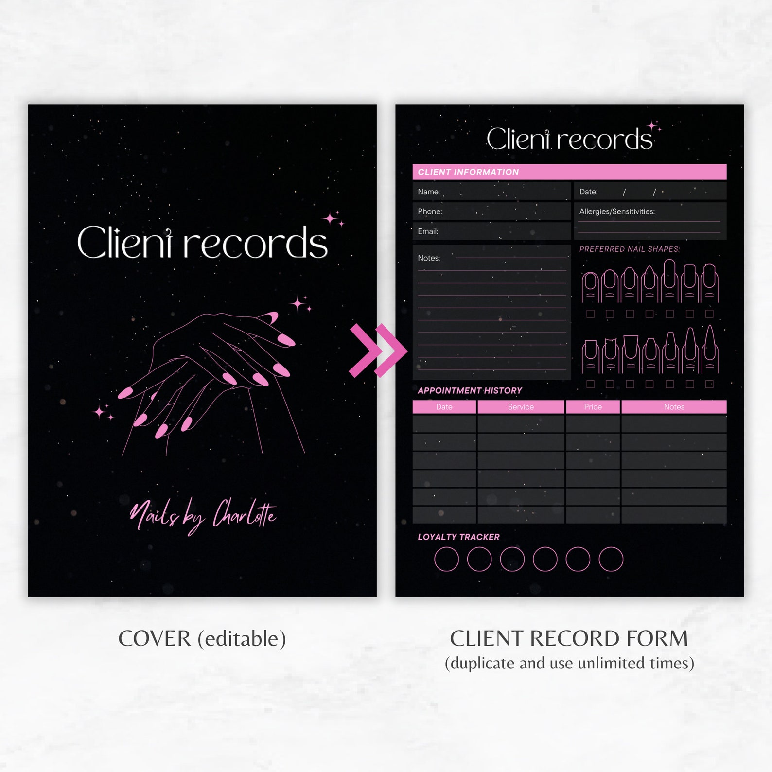 Nail Client Record Template, Client Intake Form Digital, Black Sparkle Client Records Template ...