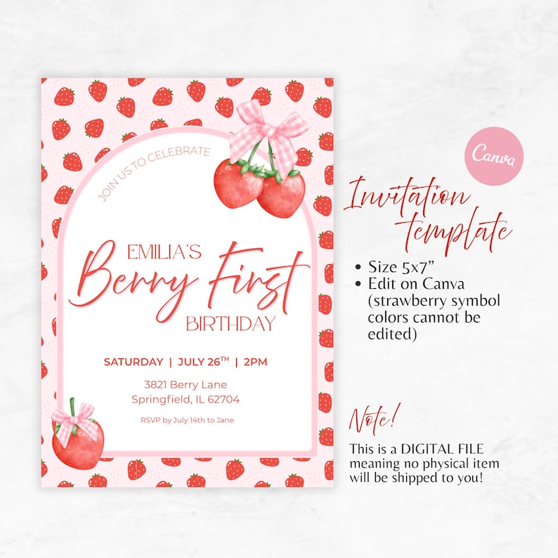 Strawberry First Birthday Invitation Template: Berry Party Evite ...