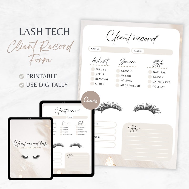 Client Record Form Printable, Lash Tech Client Records, Client Intake ...