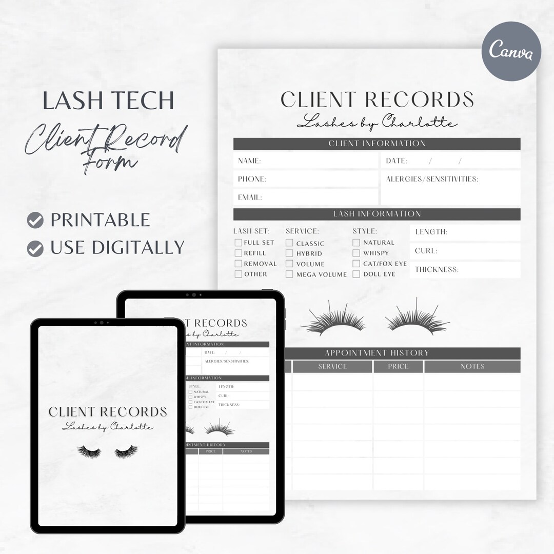 Lash Client Record Printable, Lash Tech Client Records, Client Intake ...