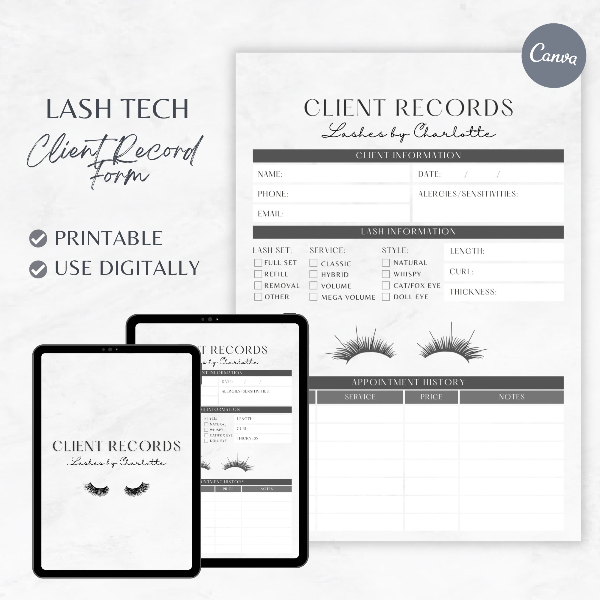 Lash Client Record Printable, Lash Tech Client Records, Client Intake Form Lashes, Digital ...