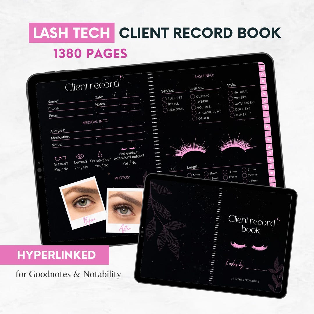 Lash Tech Client Record Book: Hyperlinked Black & Pink Planner for ...