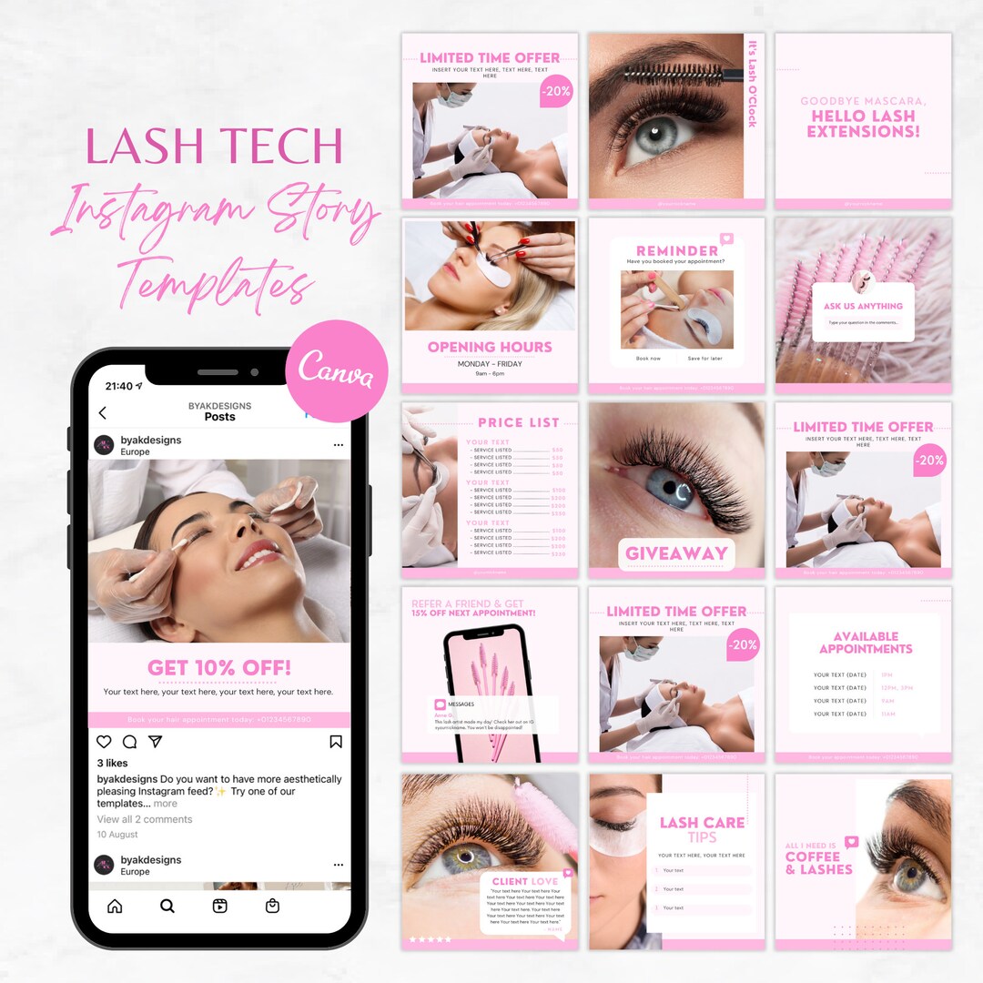 Lash Tech Instagram Post Template, Pink Lash Instagram Templates, Lash ...
