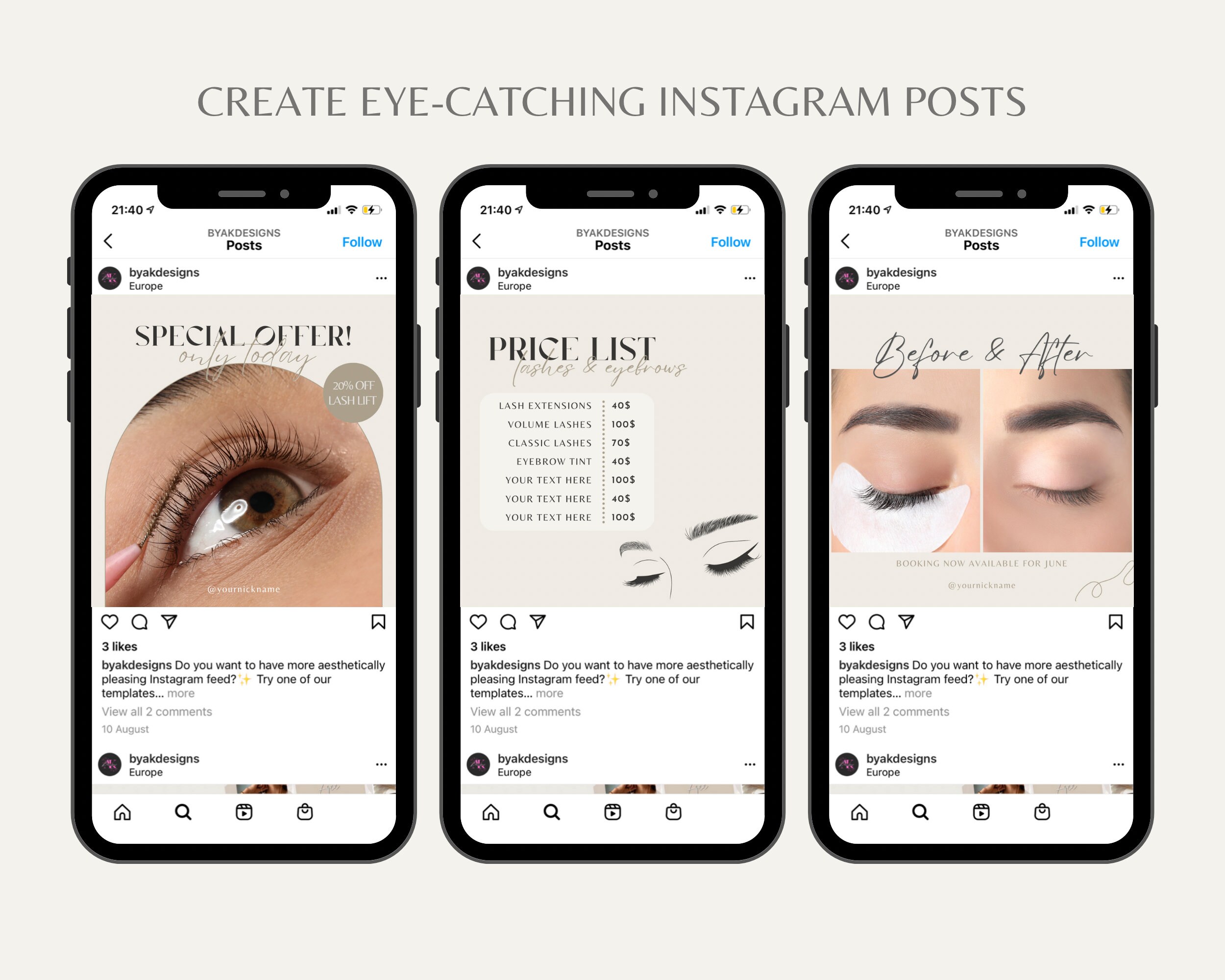 Lash Tech Instagram Post Templates: Beige Social Media Canva (digital ...