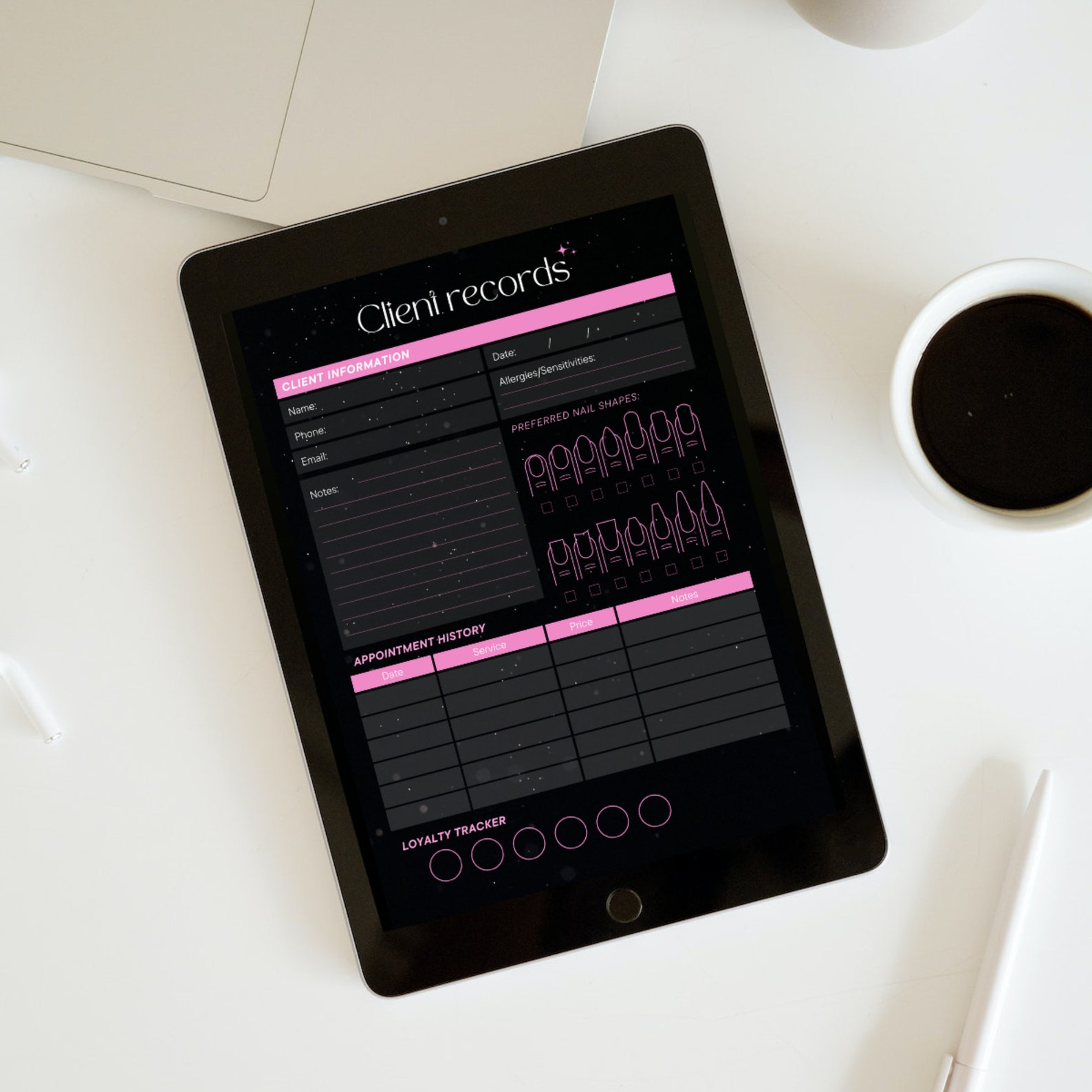 Nail Client Record Template, Client Intake Form Digital, Black Sparkle ...