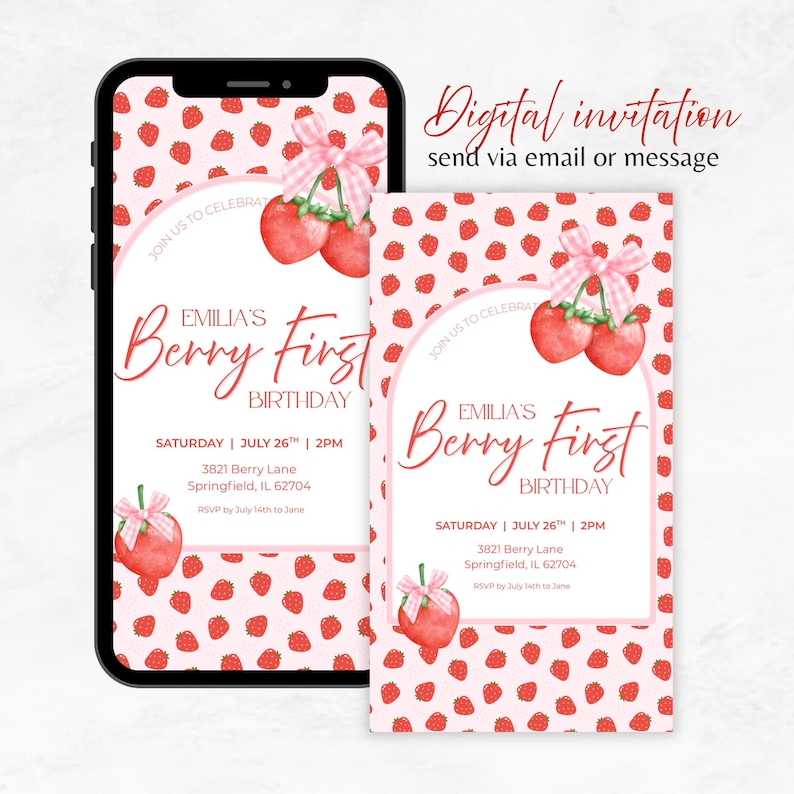 Strawberry First Birthday Invitation Template: Berry Party Evite ...