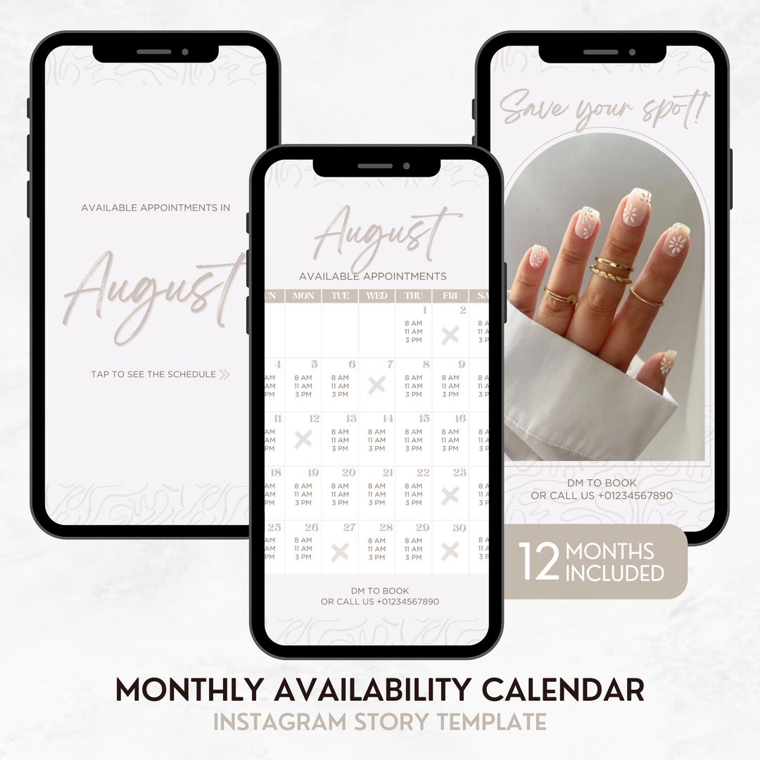 Monthly Availability Calendar Instagram, Instagram Story Calendar Template, Beige Booking ...