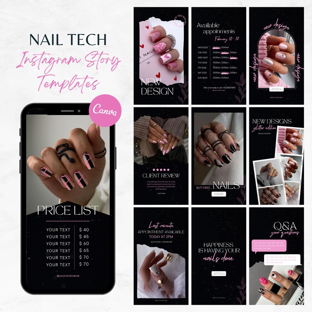 Nail Tech Story Templates, Black Pink Nail Tech Instagram Templates ...