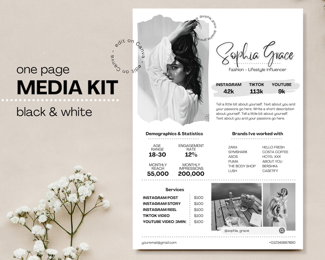 One Page Media Kit Influencer Media Kit Template Blogger - Etsy