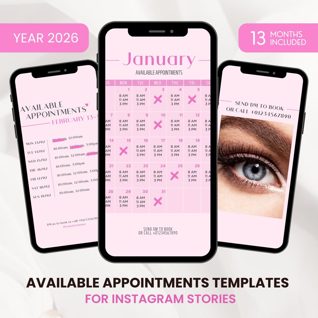 2026 Pink Lash Tech Calendar: Monthly Availability Instagram Story ...