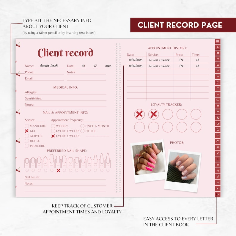 Cherry Pink Nail Tech Client Record Book: Hyperlinked Goodnotes Planner ...