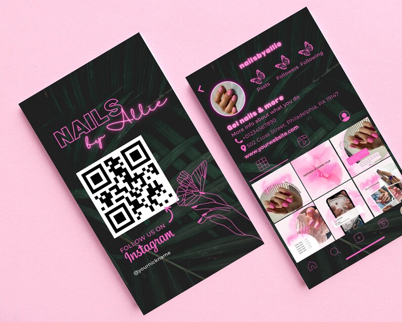Nail Tech Instagram Business Card Tropical Pink QR Code Card - Etsy