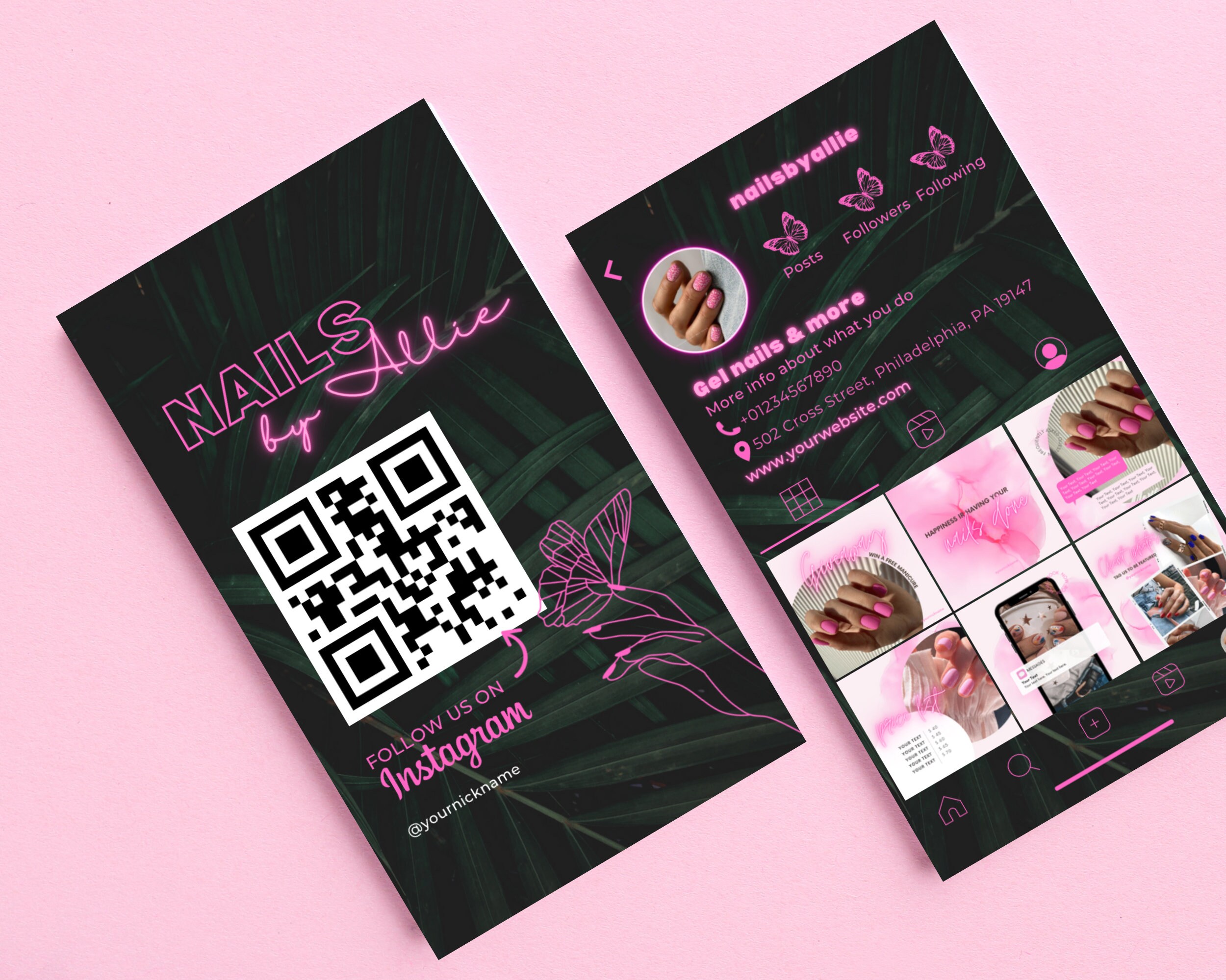 Nail Tech Instagram Business Card Tropical Pink QR Code Card - Etsy