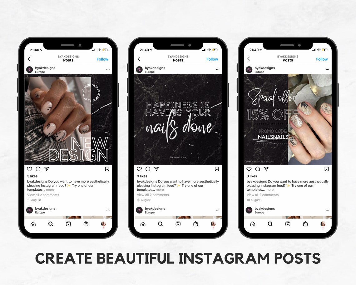 Nail Tech Instagram Post Templates, Black Marble Instagram Post ...