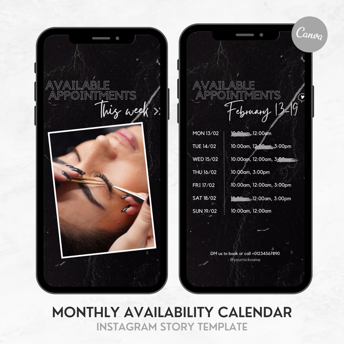 Weekly Instagram Story Appointments Calendar, Black Marble Availability Calendar Instagram, Lash ...