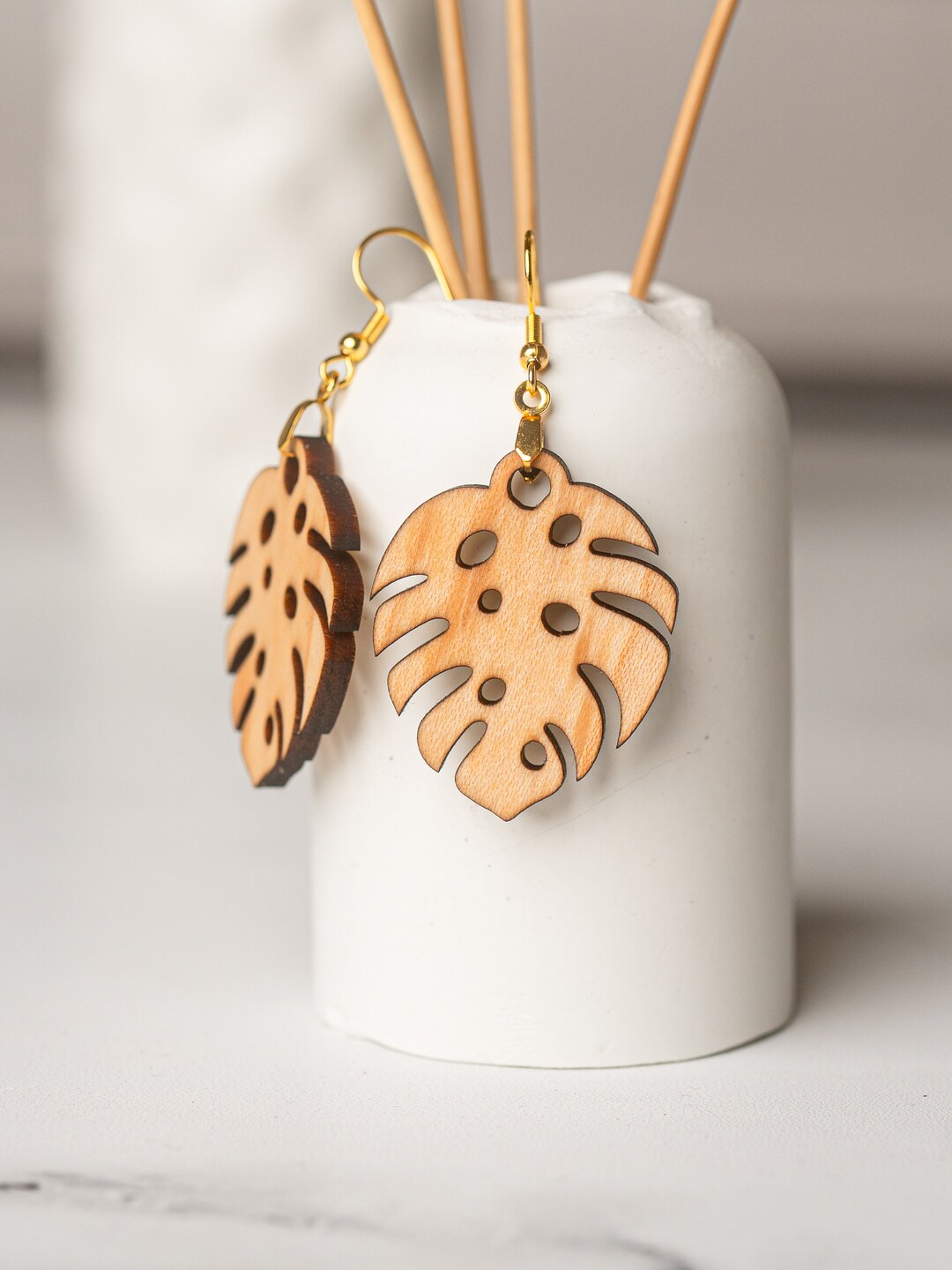 Hanging Plant Earrings, Monstera Leaf Handmade Earrings, Dangle Wood ...