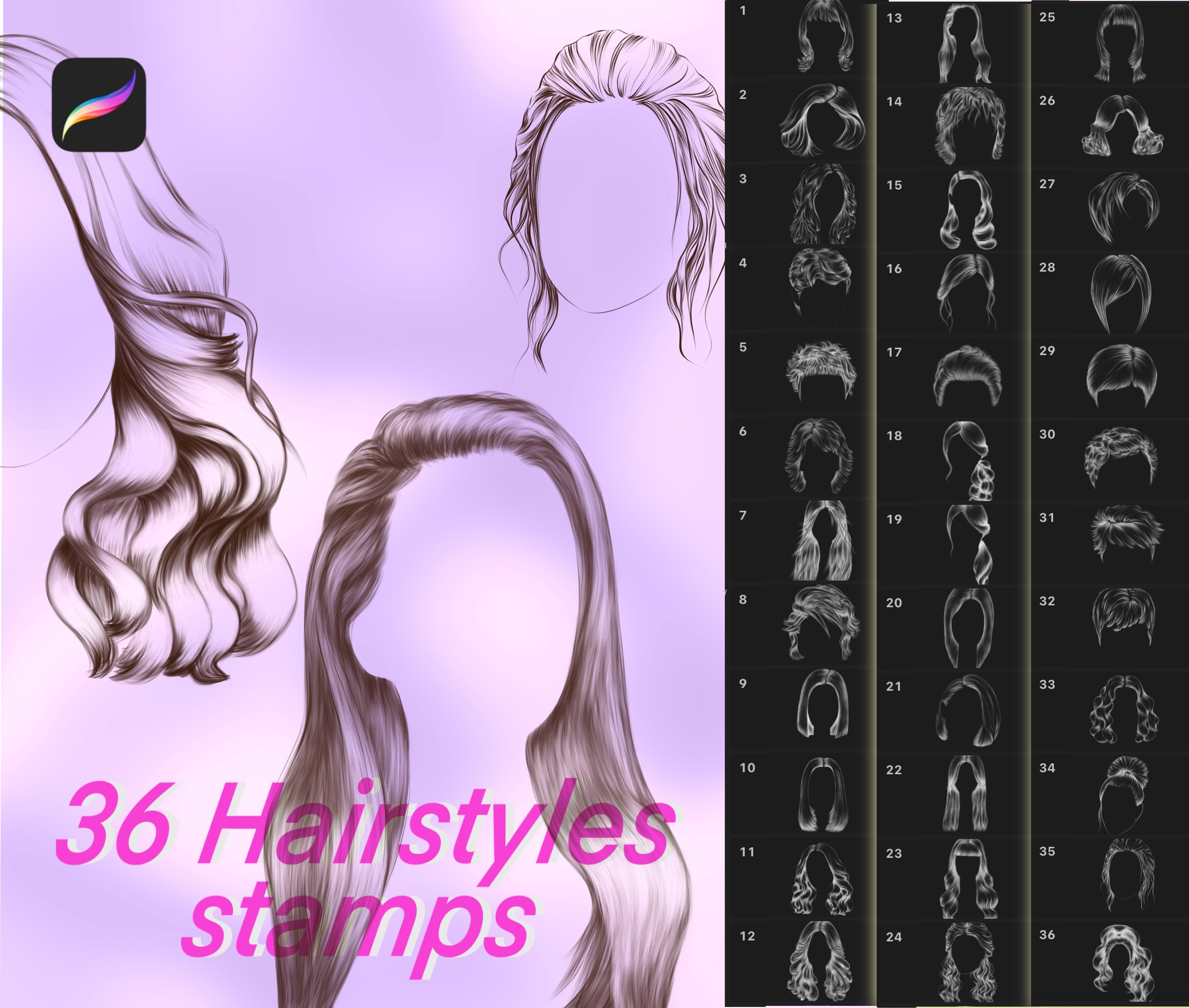Procreate Hair Stamps, Hairstyles Stamp Brushes, Portrait Brushes, Hair ...