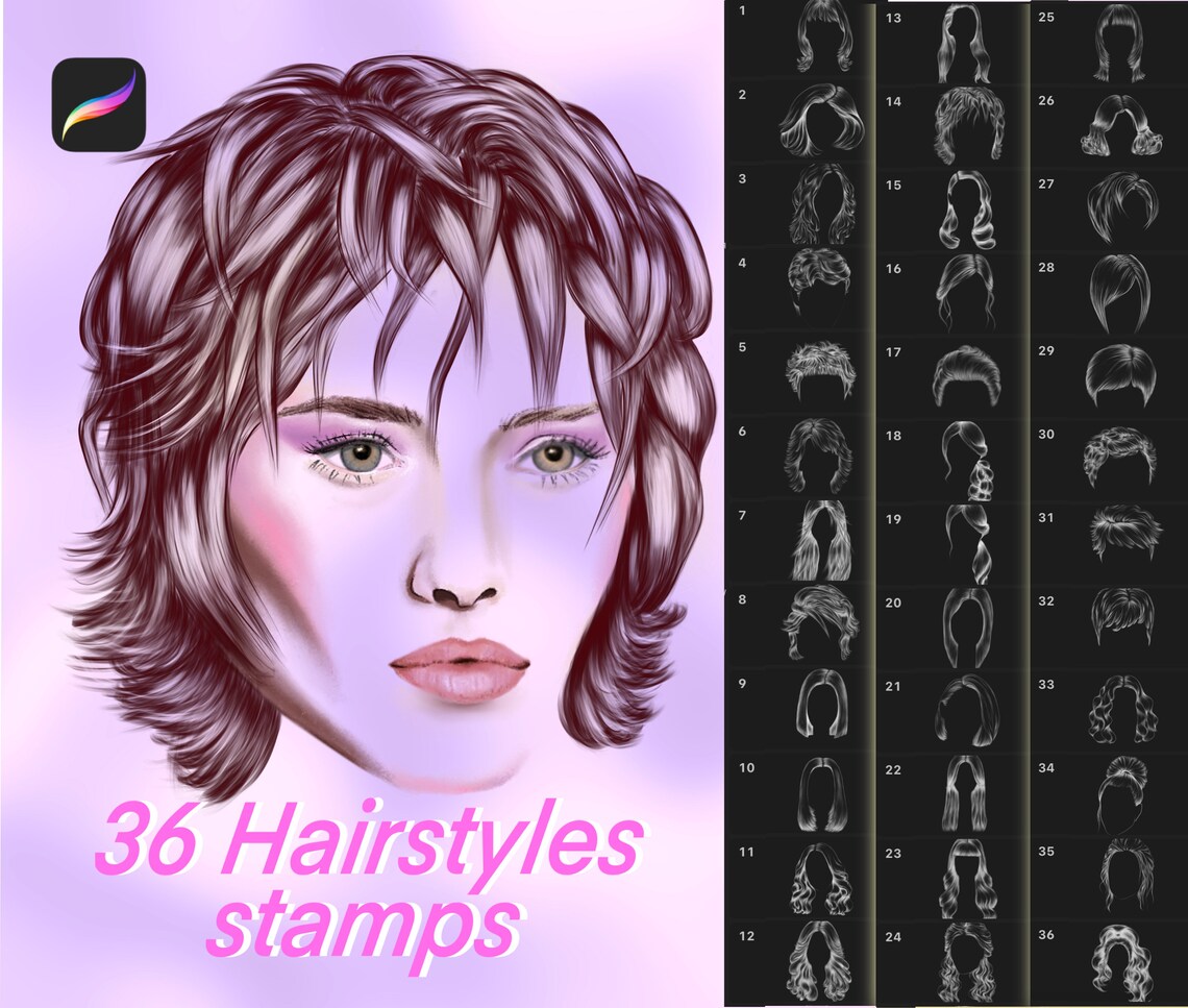Procreate Hair Brush, Hairstyles Stamp Brushes, Procreate Hair Stamps ...