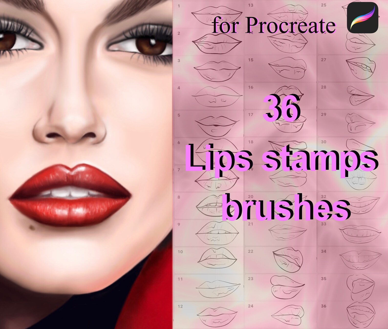 Procreate Lips Stamp Brushes, Lips Guide Portrait Brush Stamp Set for ...