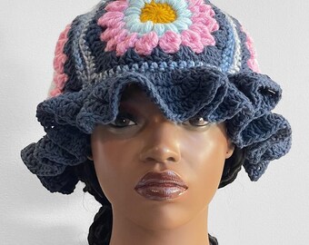Crochet Sunflower Granny Square Ruffle Bucket Hat - Etsy