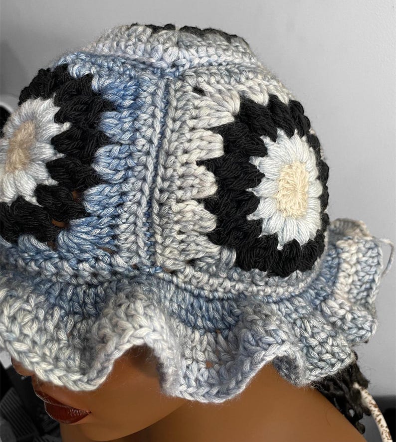 Handmade Crochet Sunflower Bucket Hat | Granny Square & Ruffle Brim ...