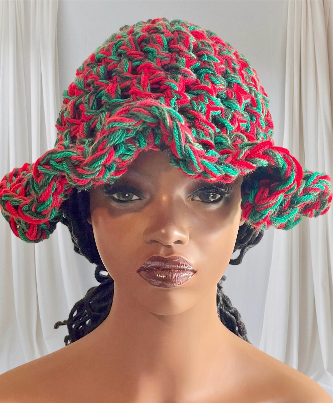 Red and Green Crochet Chunky Ruffle Bucket Hat - Etsy