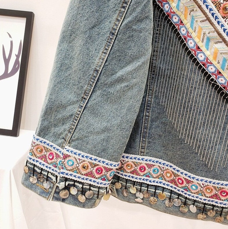 Women Embellished Embroidery Bohemian Ethnic Denim Applique Jeans ...