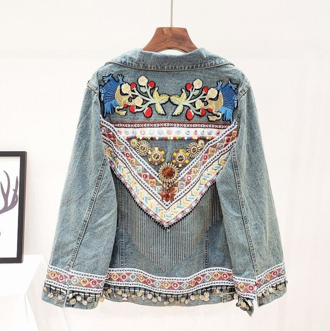 Women Embellished Embroidery Bohemian Ethnic Denim Applique Jeans ...