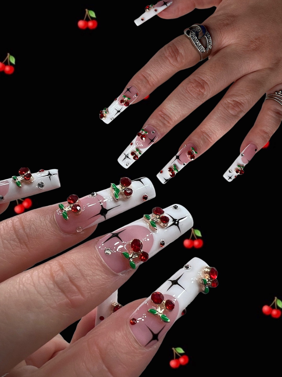 Cherry Nails| Cherry Press Ons| Cherry Charm Nails| Charm Nails| Nails ...