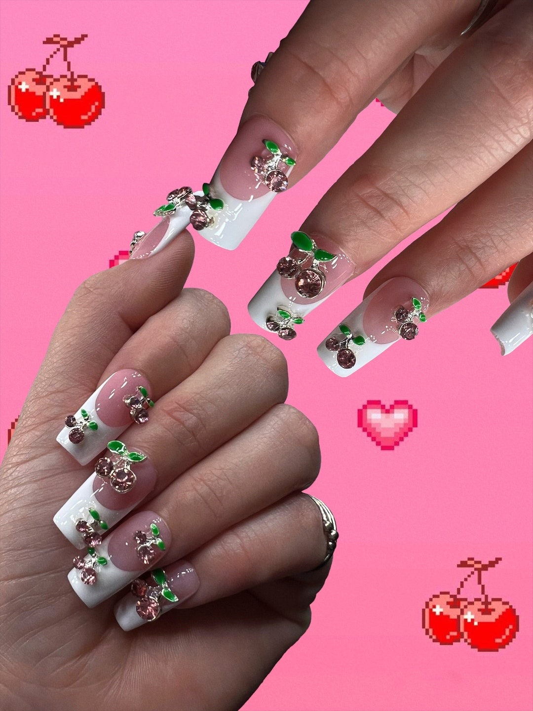 Pink Cherry Nails| Pink Cherry Charms| Pink Nails| French Tip Nails ...
