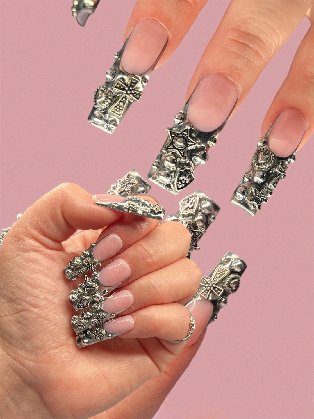 Press on Nails| Nails| Charm Nails| Long Silver Nails| Silver Nails ...