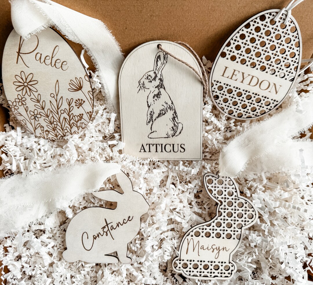 Custom Wooden Easter Tags Basket Decor Rattan Design Bunny Egg Handmade ...