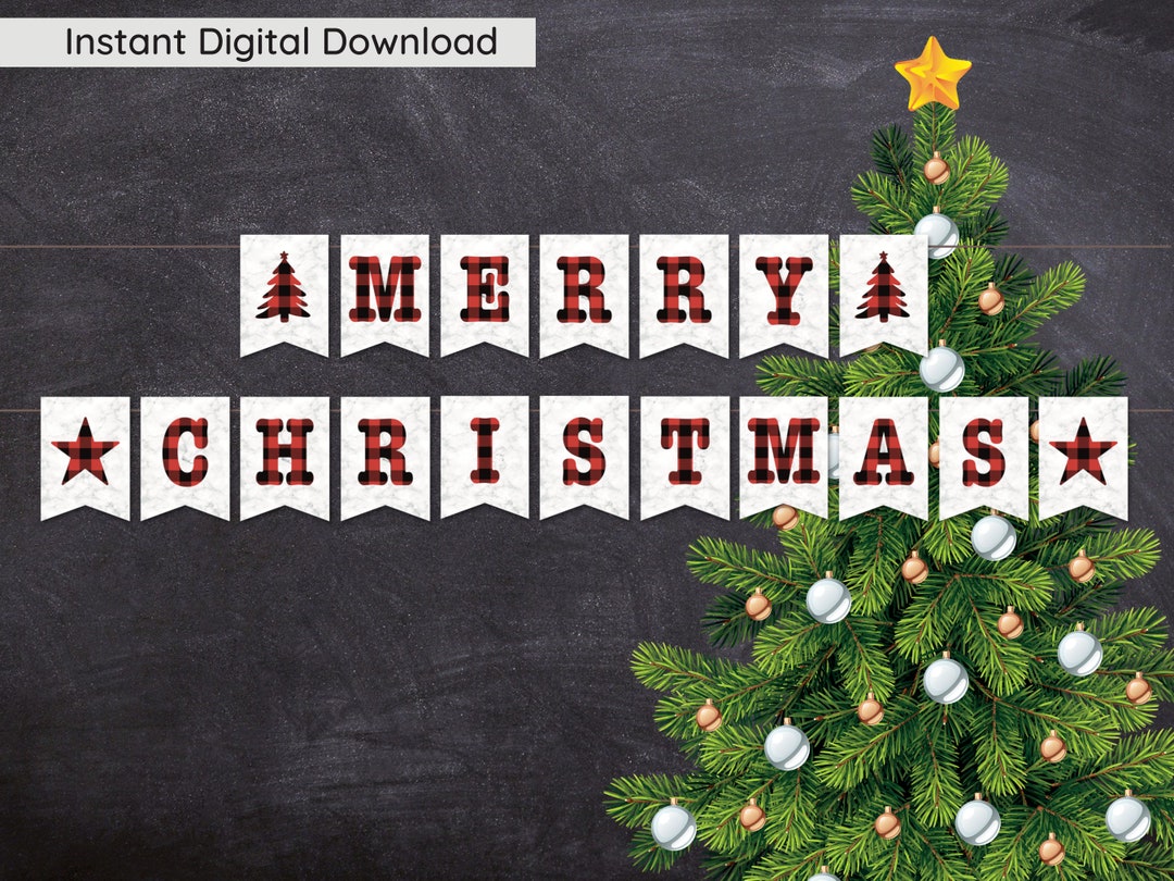 Buffalo Plaid Merry Christmas Banner With White Marble Background DIY ...