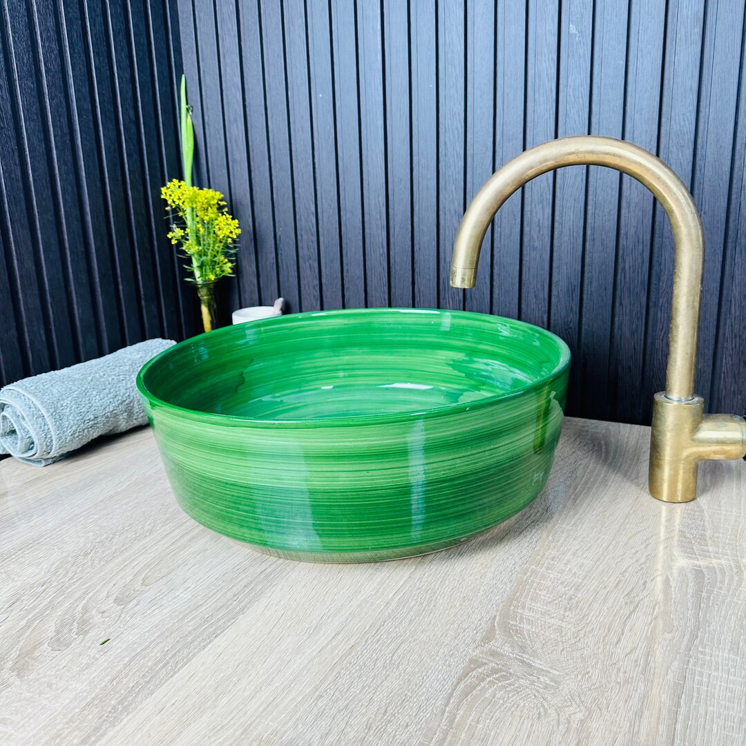 Emerald Green Brush Handmade Ceramic Bathroom Sink, Rustic Washbain ...