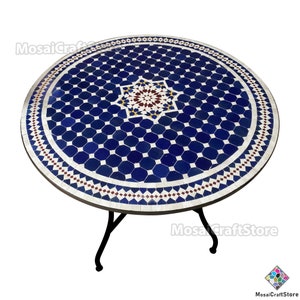 Blue Mosaic Table, Large Round Table, Geometric Mosaic Tiles Pattern ...