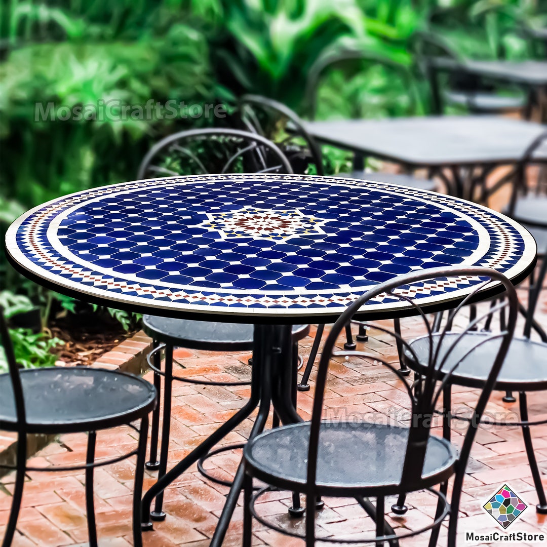 Blue Mosaic Table, Large Round Table, Geometric Mosaic Tiles Pattern ...