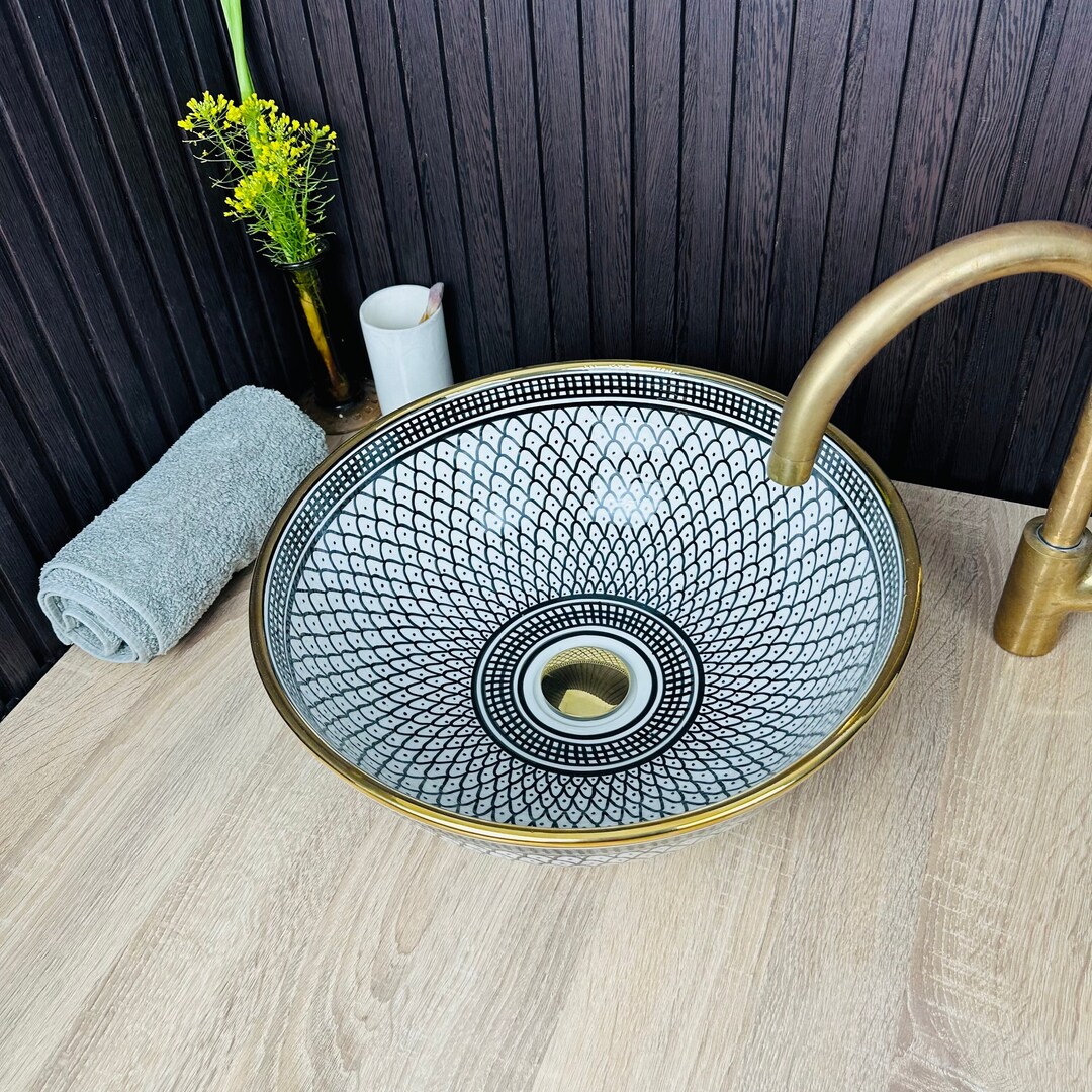 Luxury 14k Gold Rim Bathroom Vessel Sink, Handcrafted Vanity Basin Sink ...